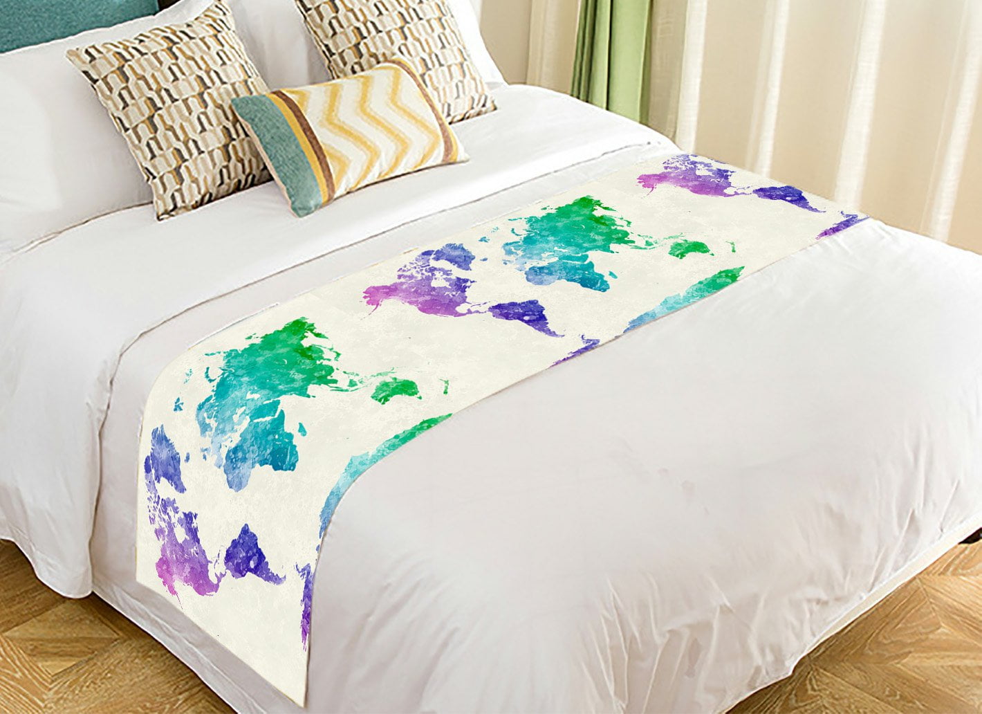 GCKG Abstract Art Splatter Painting Bed Runner, Watercolor World Map ...