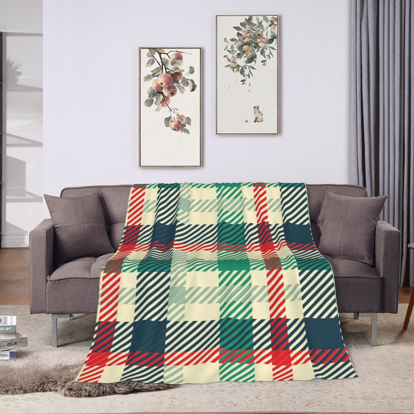 ZNDUO Green Retro Plaid Texture Pattern Throw Blanket, Lightweight Cozy ...