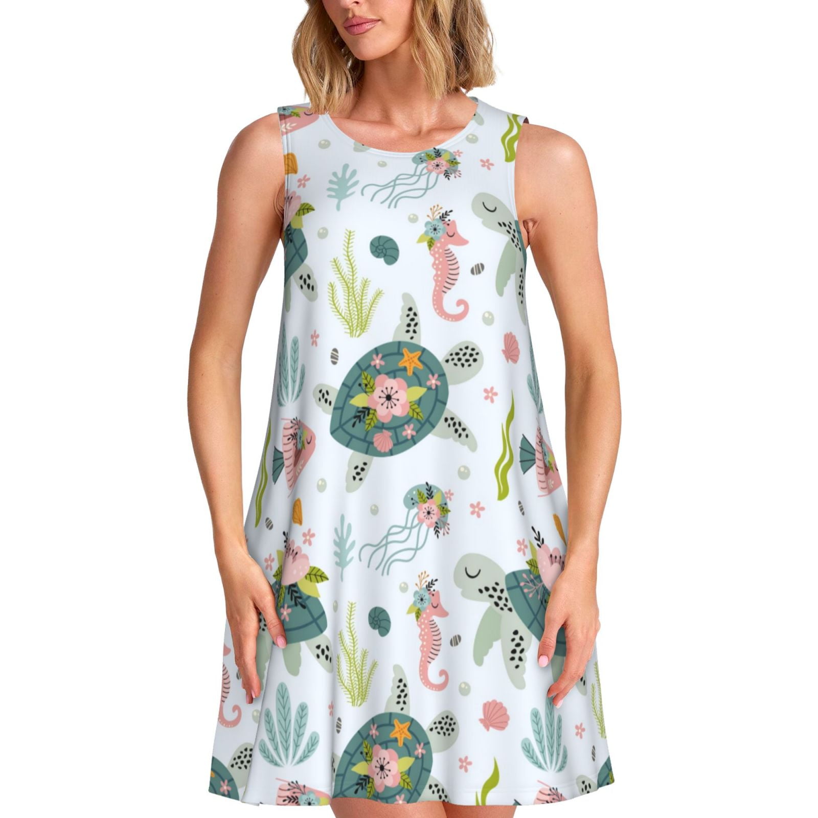 Bixox Turtle Print Women's Sleeveless A-Line Dress with Pockets, Casual ...