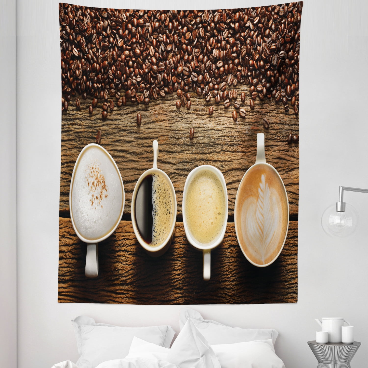 Coffee Tapestry, Assortment of Coffee Cups with Beans on Wooden Table ...