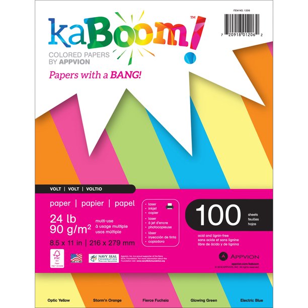 Appvion Kaboom! Colored 24Lb Paper Pack 8.5"X11" 100 Sheets-Volt, 5 ...