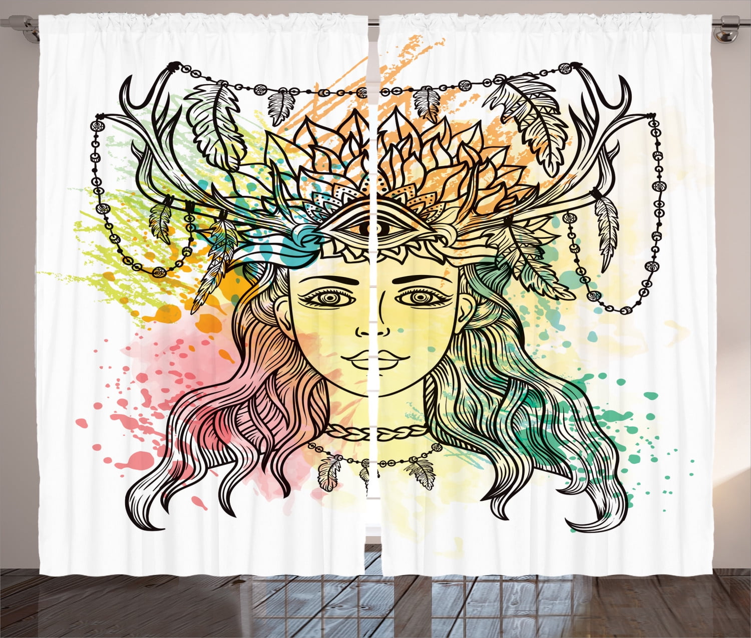 Occult Decor Curtains 2 Panels Set, Female Shaman with Third Eye Form ...