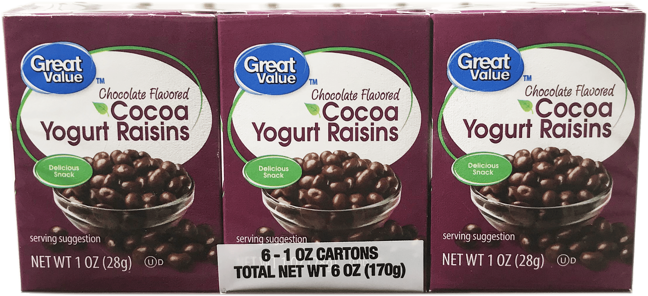Great Value Chocolate Flavored Cocoa Yogurt Raisins, 1 Oz, 6 Count ...