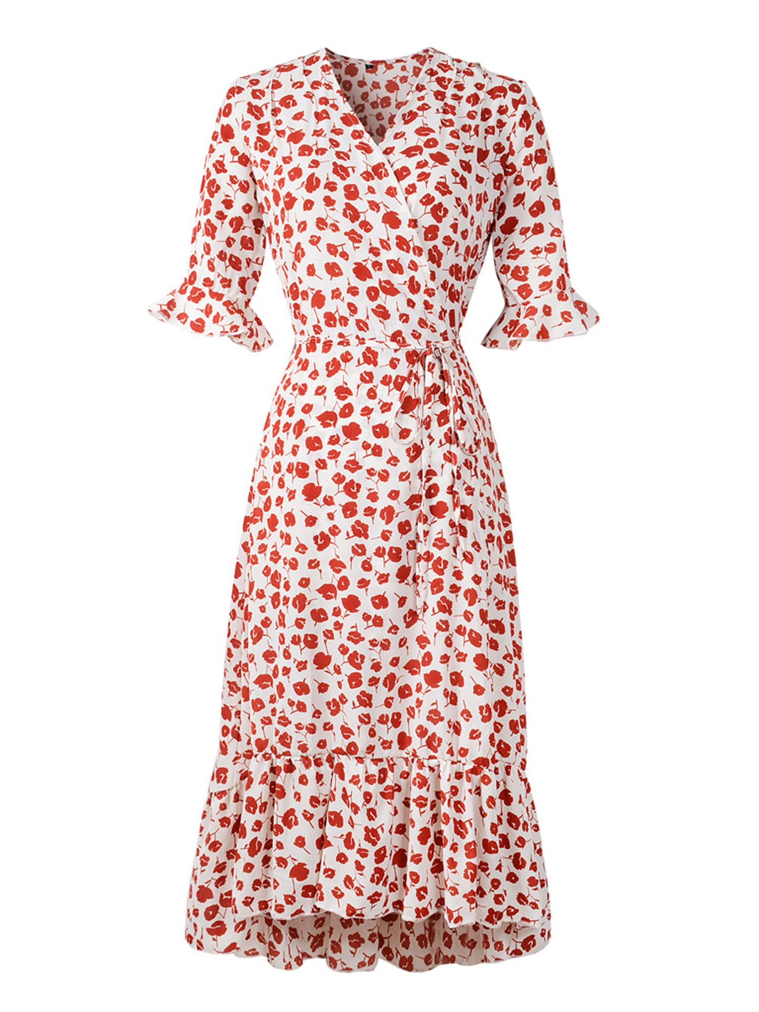 Seyurigaoka Women Summer Elegant Midi Dress, Plus Size Short Sleeve V ...
