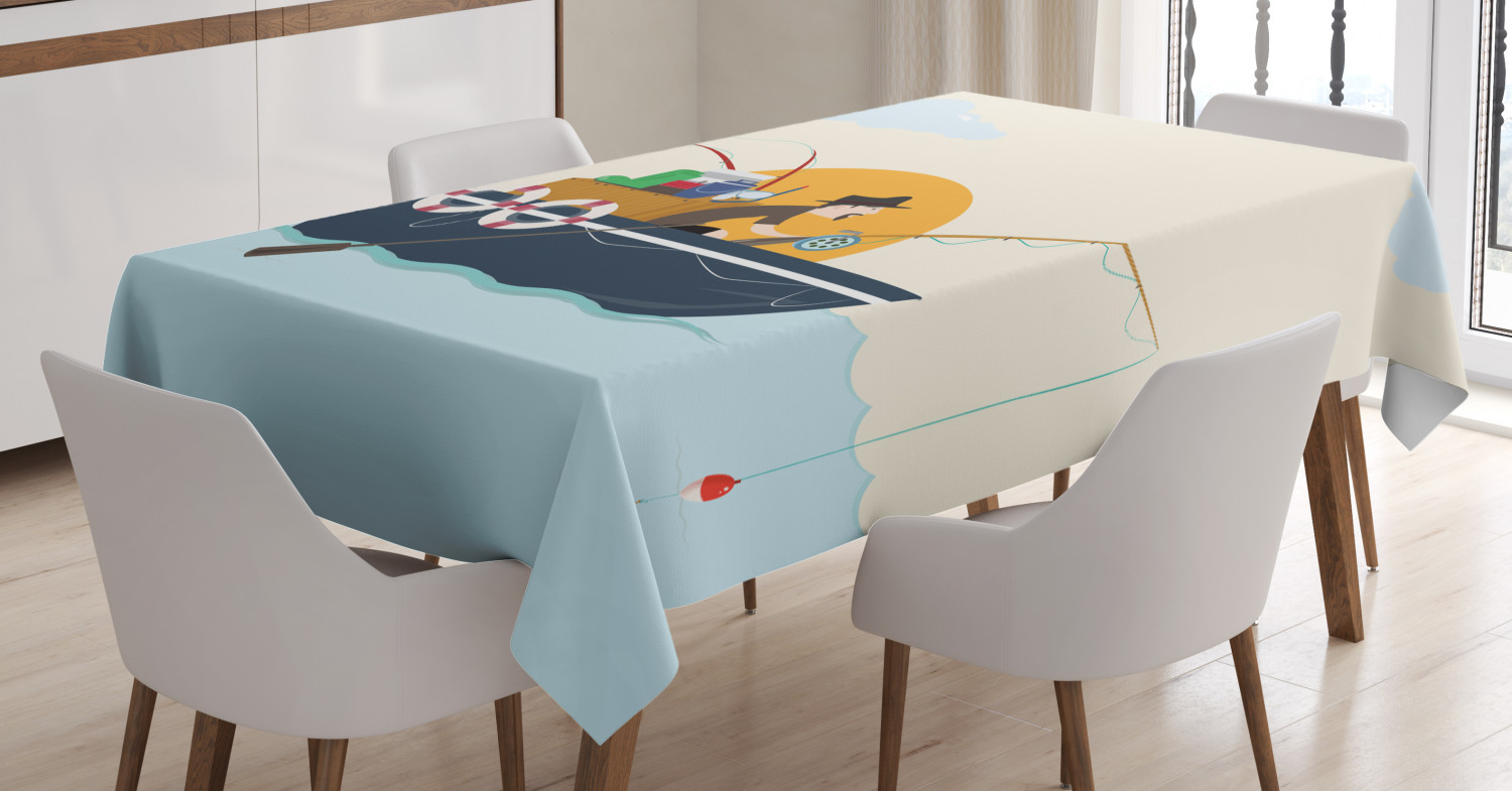 Vintage Boat Tablecloth, Man Fishing on the Boat at Sunset Nautical ...