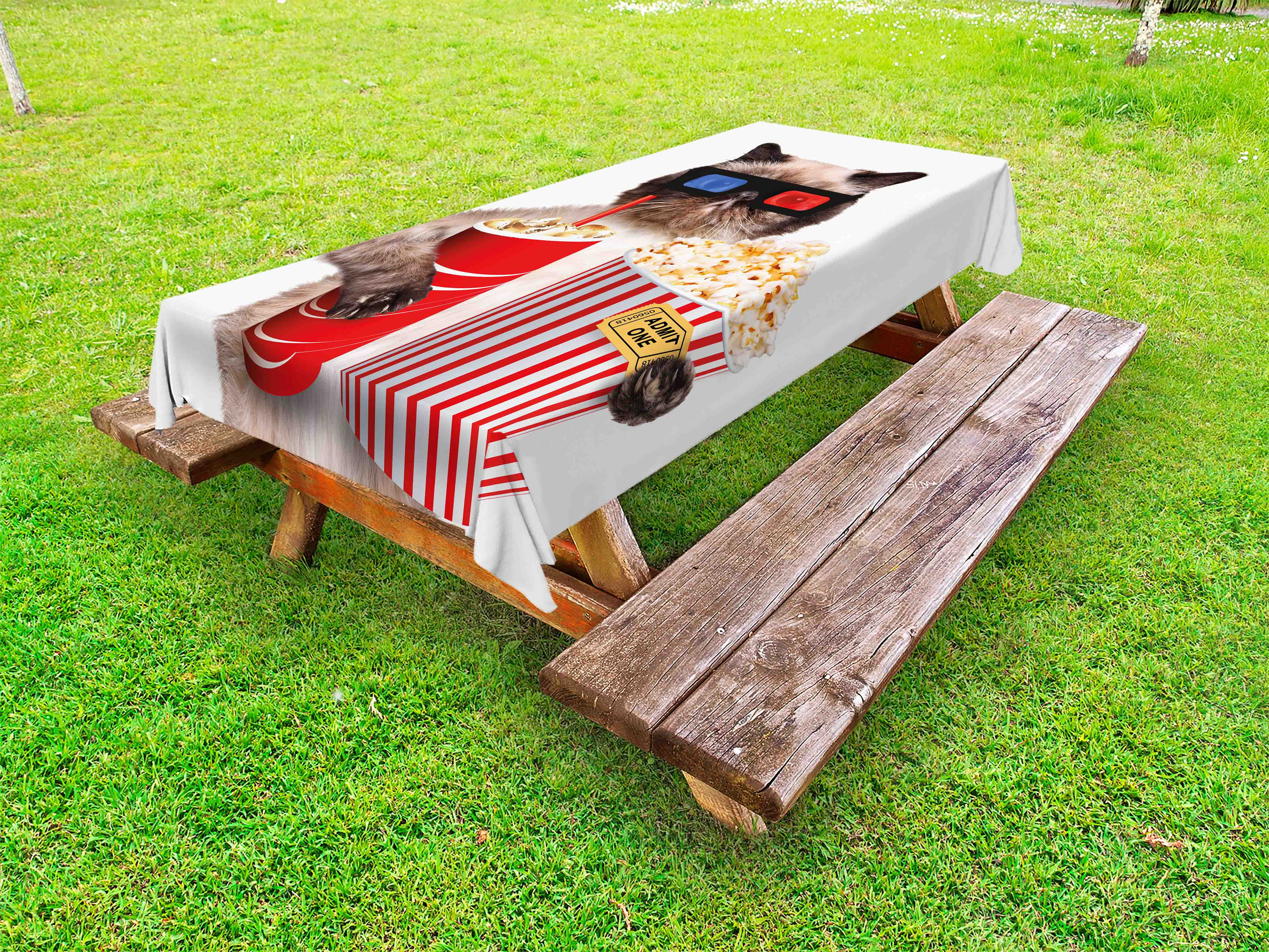 Movie Theater Outdoor Tablecloth, Cat with Popcorn and Drink Watching ...