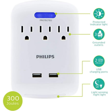 Philips Surge Protector with USB, Light Sensing Night Light, Wall ...