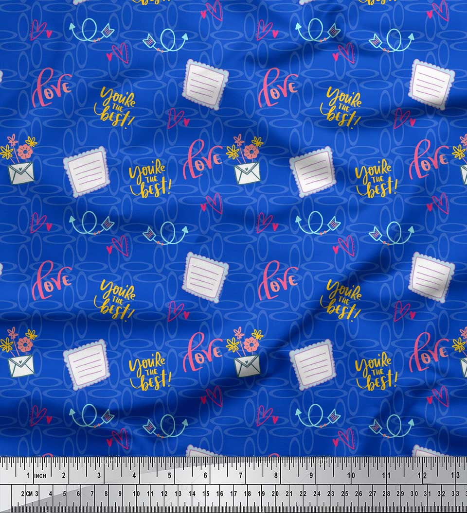 Soimoi Blue Rayon Fabric Heart & Love Text Print Fabric by the Yard 42 ...