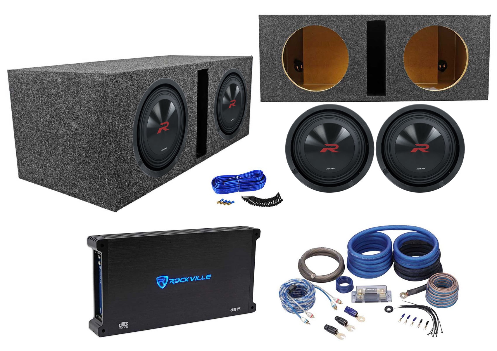 (2) Alpine R2-W10D2 10" 750w Subwoofers+Vented Sub Box+Mono Amplifier ...