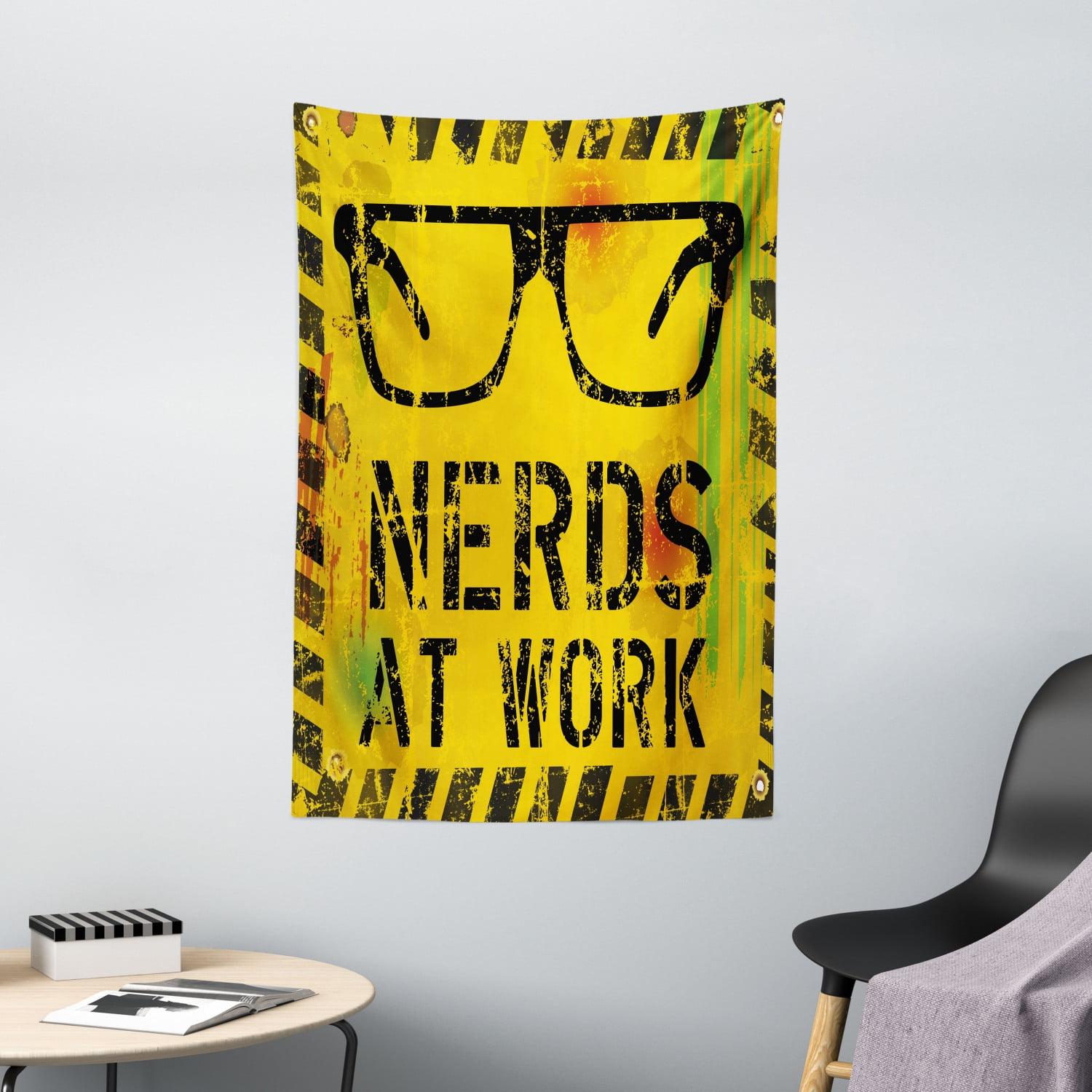 Retro Tapestry, "Nerds at Work" Grunge Fictional Sign Glasses Hazard ...