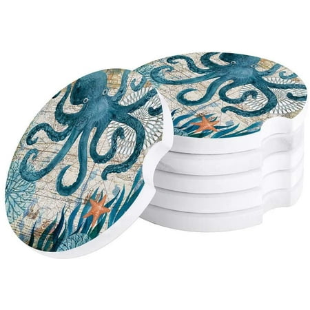 RYLABLUE Ocean Theme Old Map Vintage Blue Octopus Set of 2 Car Coaster ...