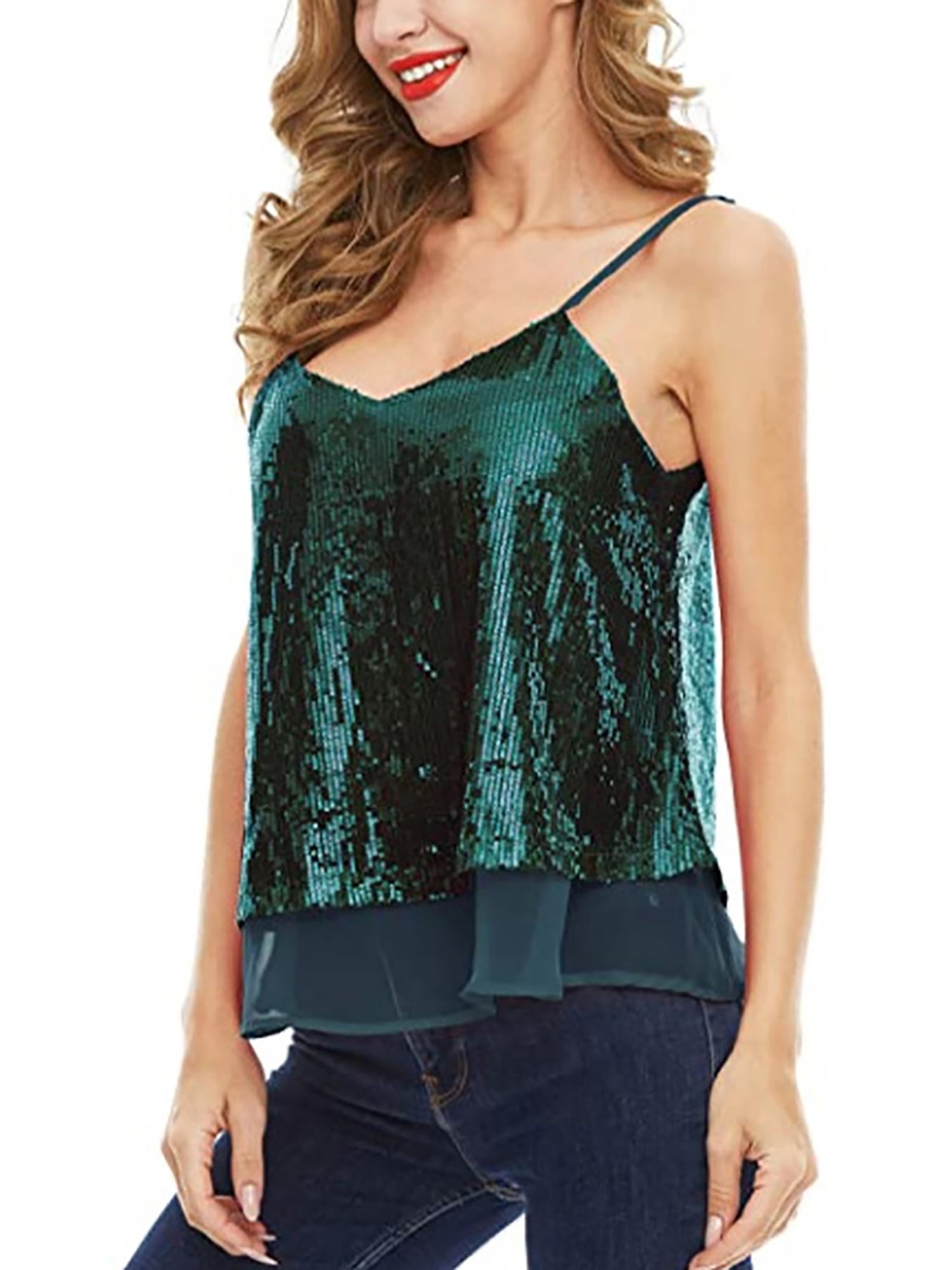 Biekopu Women Sequins Sleeveless Sparkle Tops, Sexy Glitter Sparkly ...