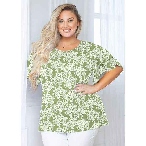 SHOWMALL Plus Size Clothes for Women Short Sleeve Green Roses 3X Tunic ...