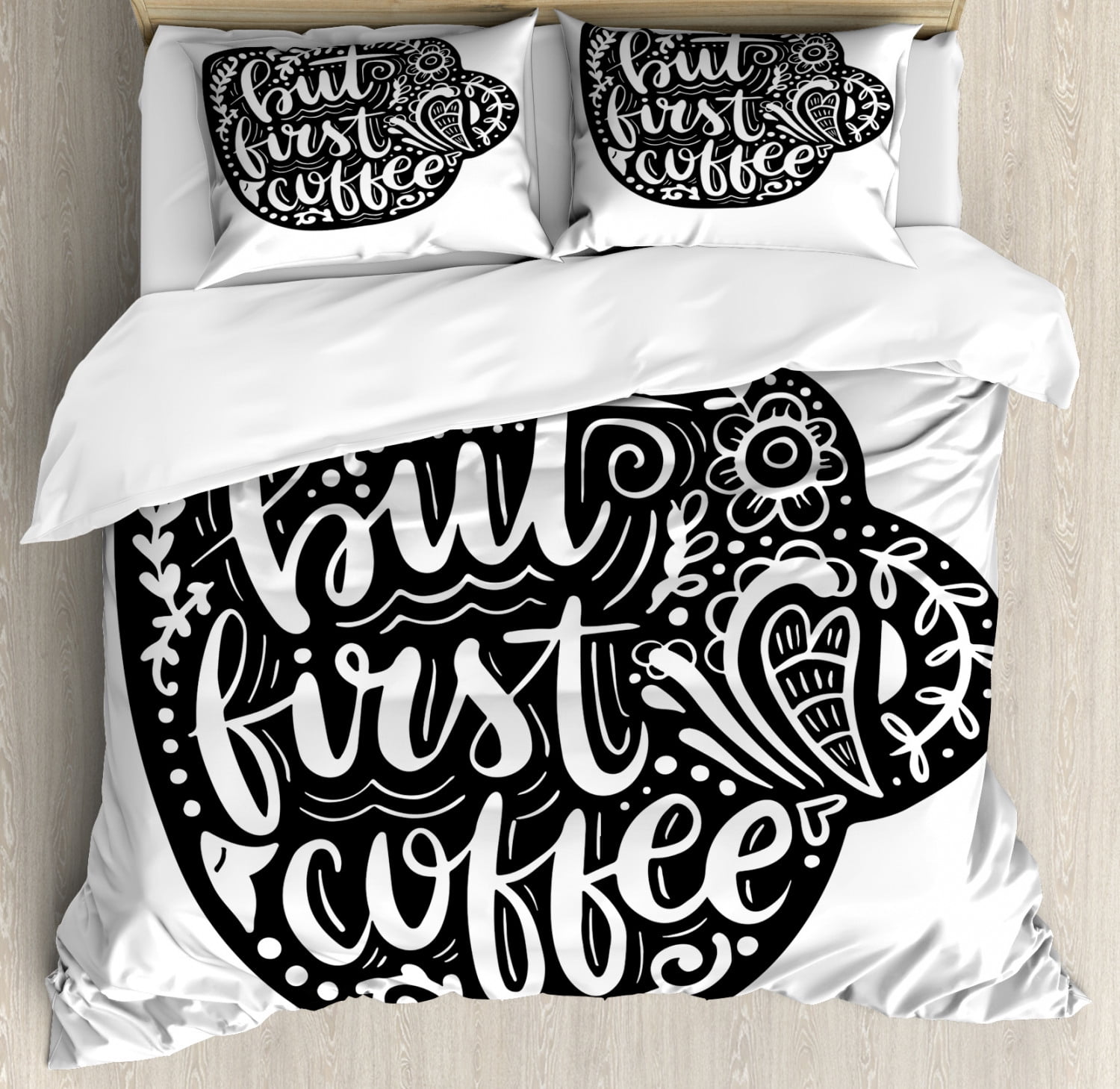 But First Coffee Duvet Cover Set Queen Size, Monochrome Ornamental ...