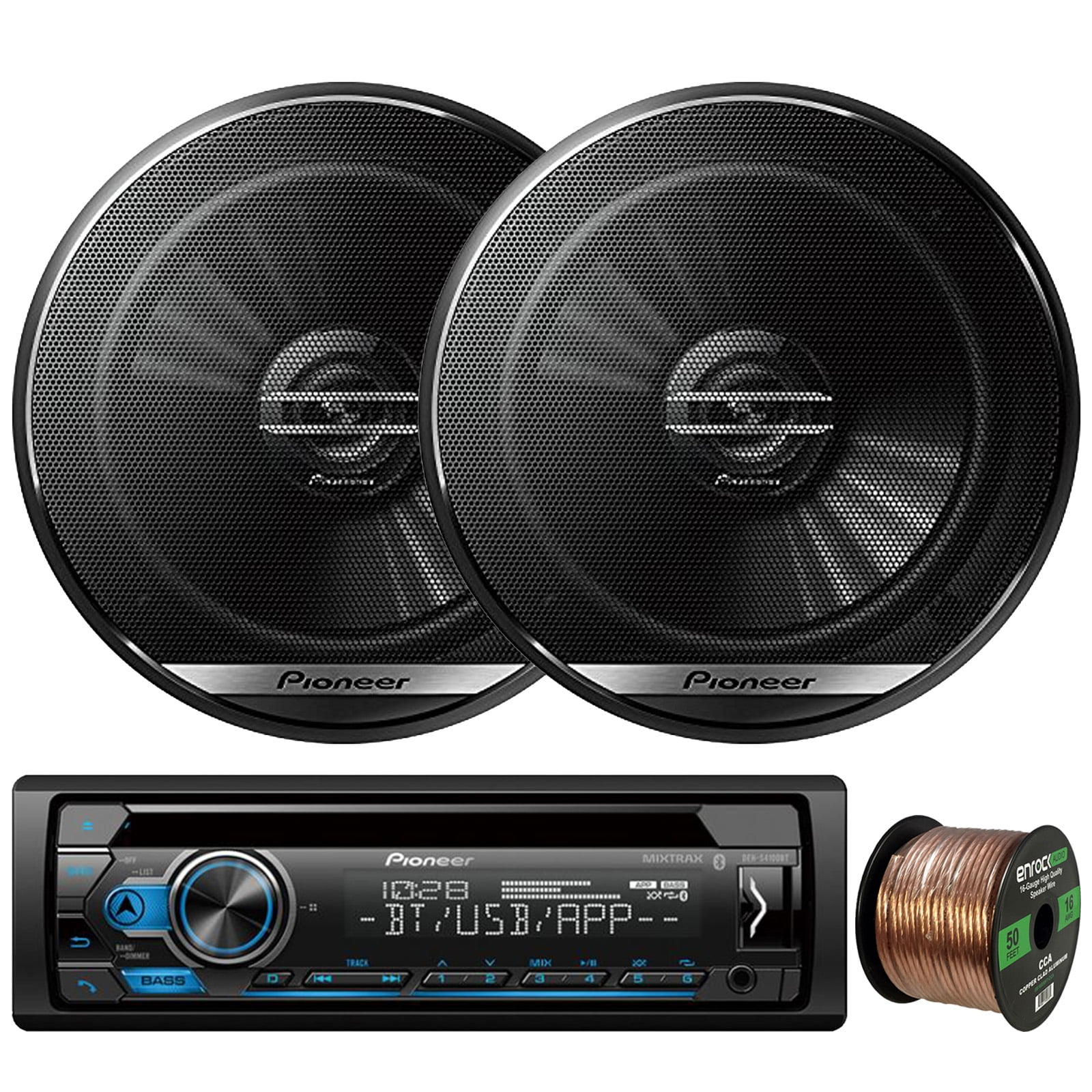 Pioneer DEH-S4100BT In-Dash Single-DIN CD Player Bluetooth Receiver, 2 x Pioneer TS-G1620F 6.5 ...