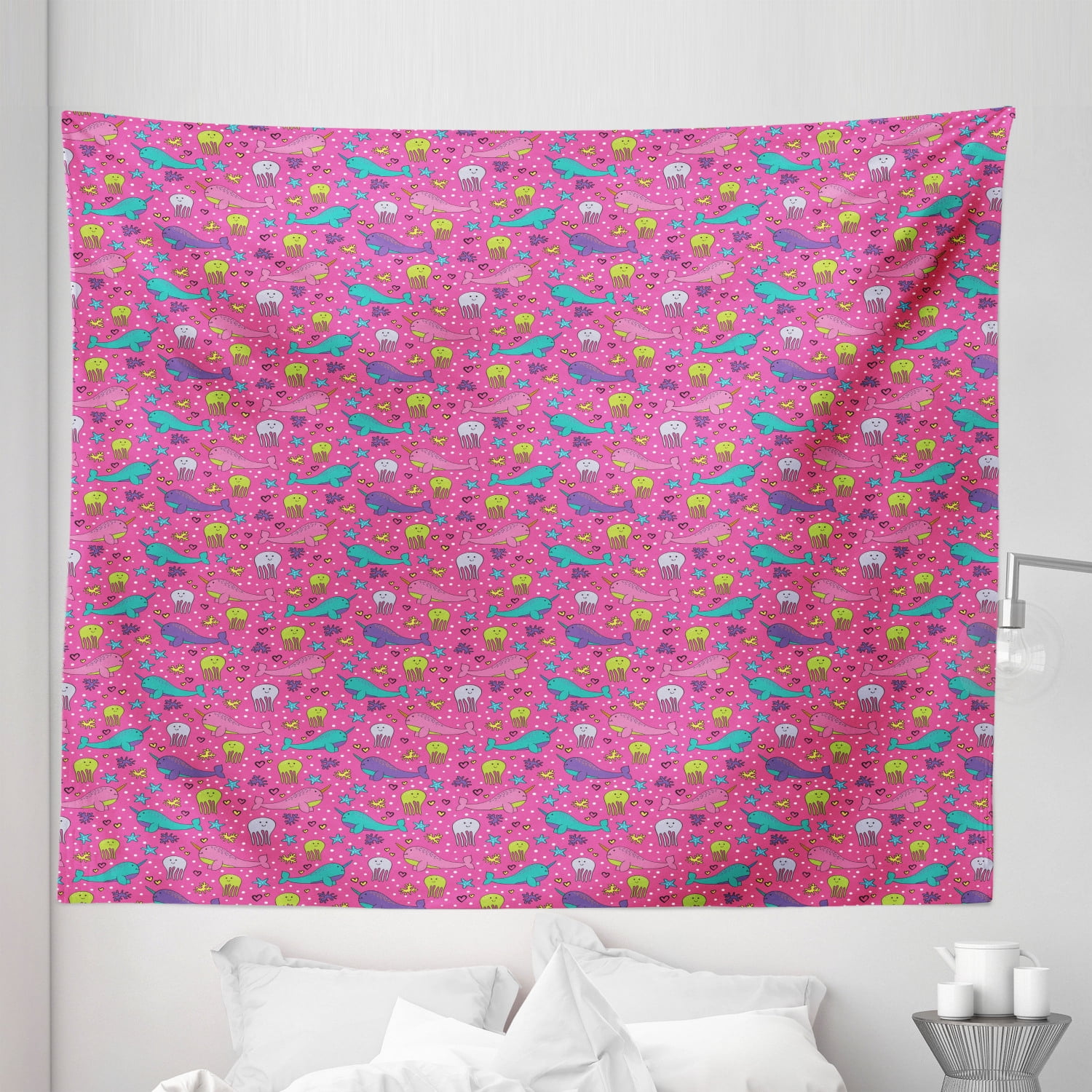 Cartoon Tapestry, Colorful Fun Pattern with Narwhal and Jellyfish Stars ...