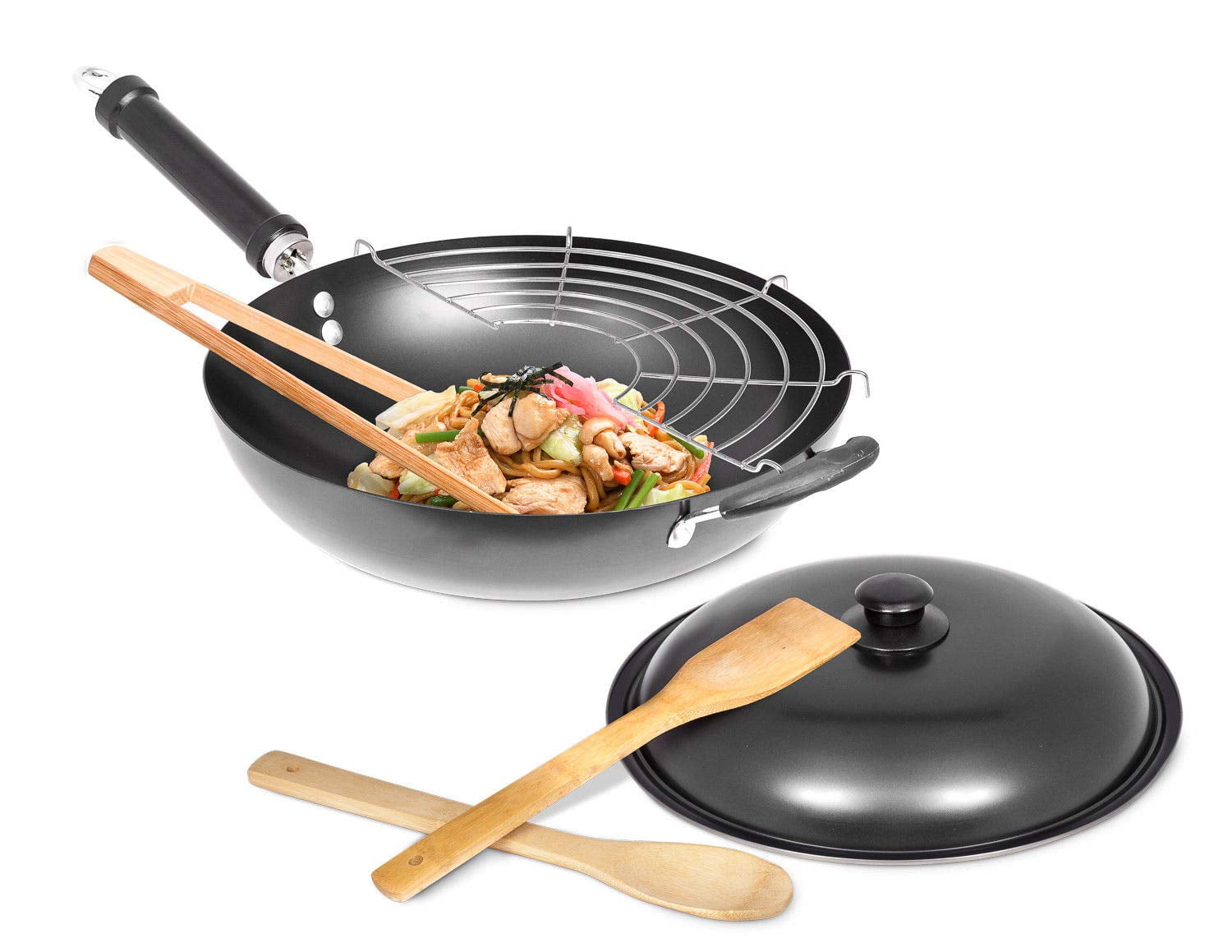 6-Piece Set Non Stick 12" Fire Carbon Steel Wok Grill With Lid Bamboo ...