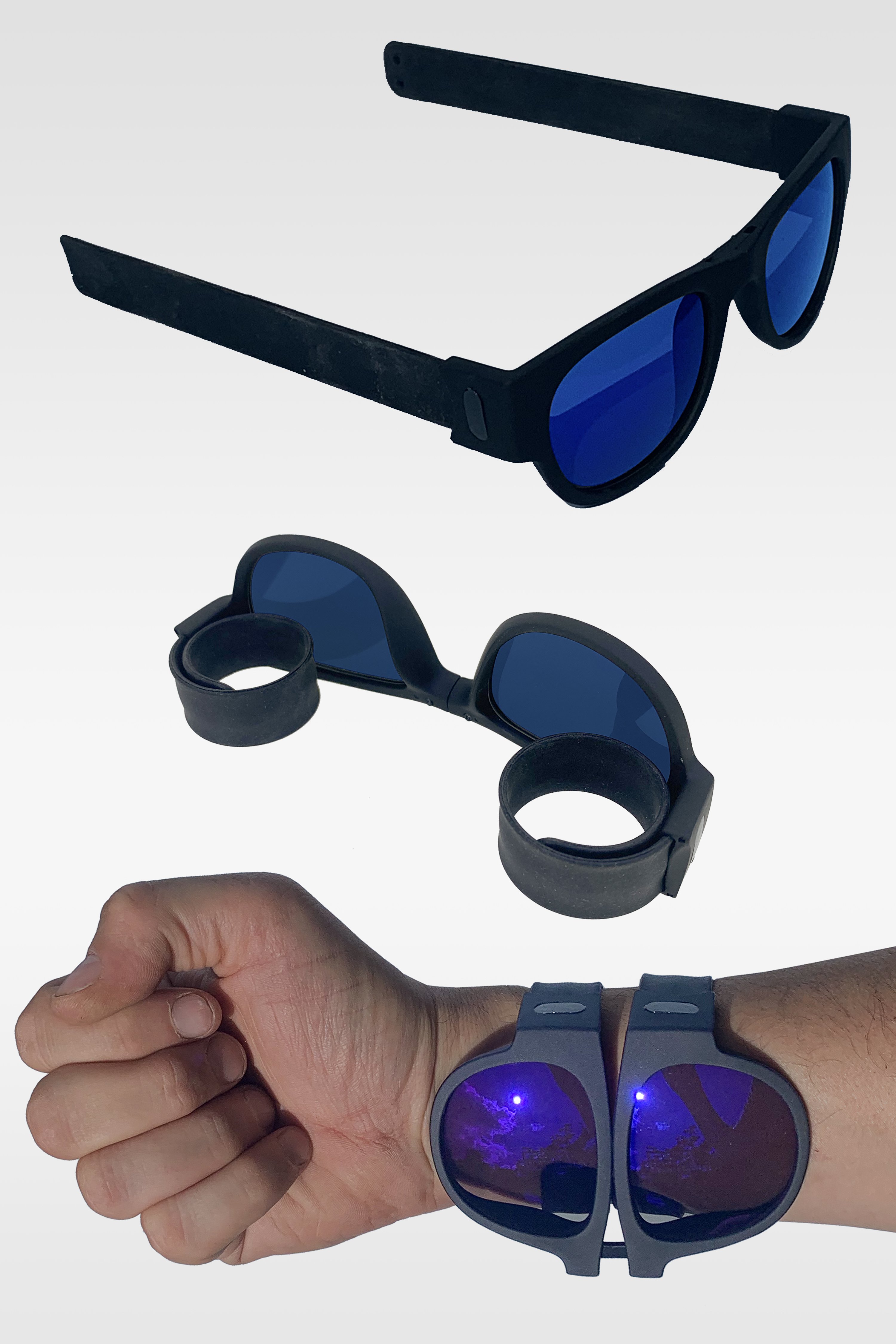 Folding Sunglasses with Slap Bracelet Arms - BLACK ARMS / REFLECTIVE ...