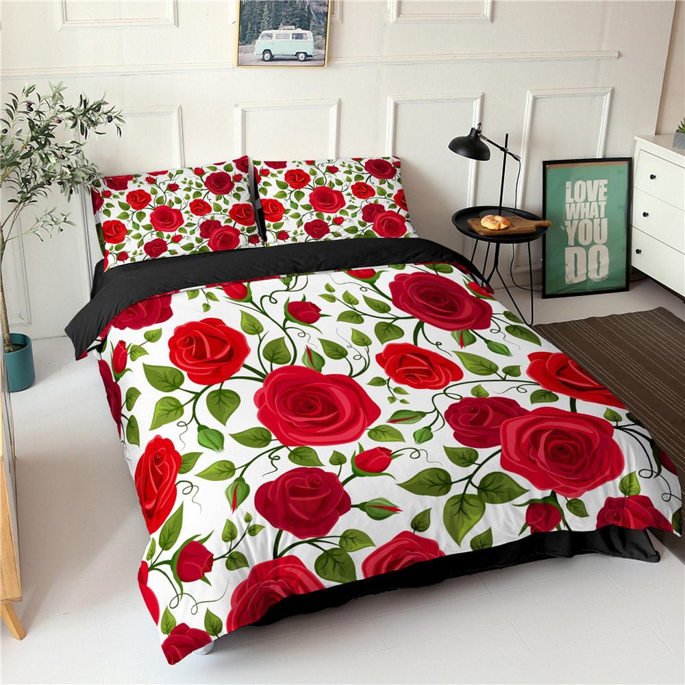 Heart of Love Bed Comforter Sets Rose Flower Print Duvet Bedding Set 1 ...