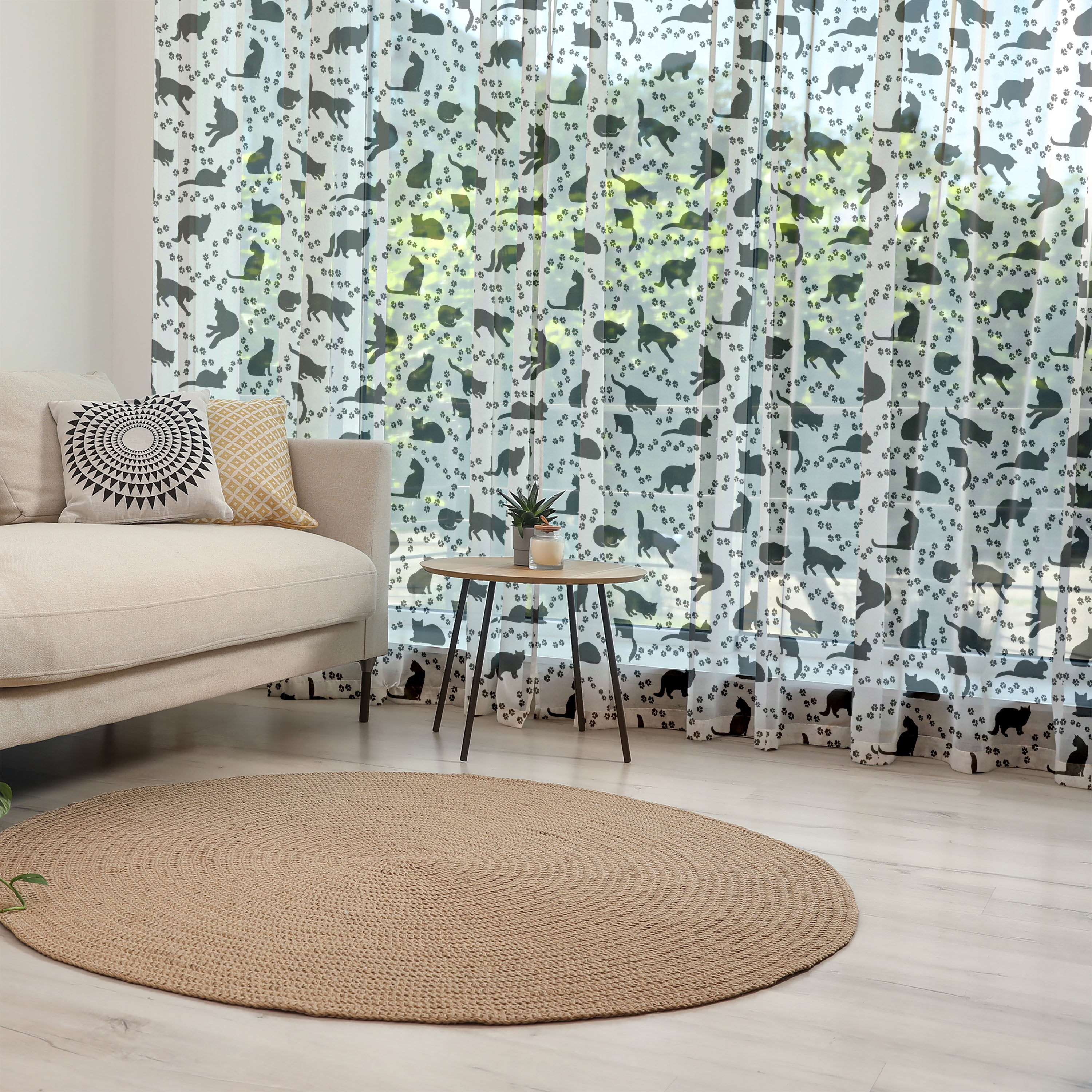 Cat Tulle Curtains with Rod Pocket, Cat Silhouette and Animal Tracks ...