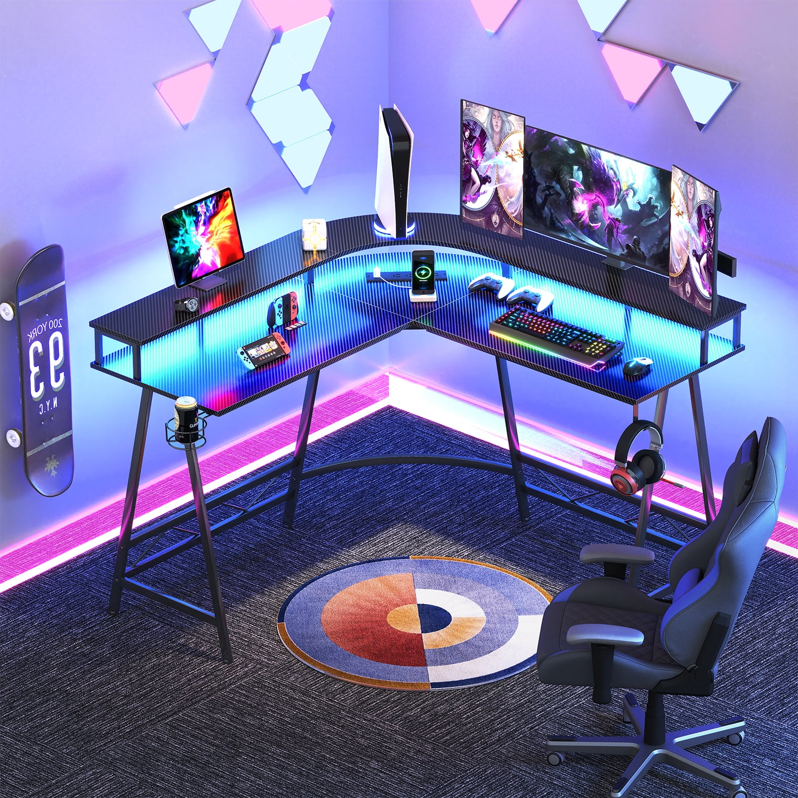 Huuger L Shaped Gaming Desk With Led Lights And Power Outlets Computer