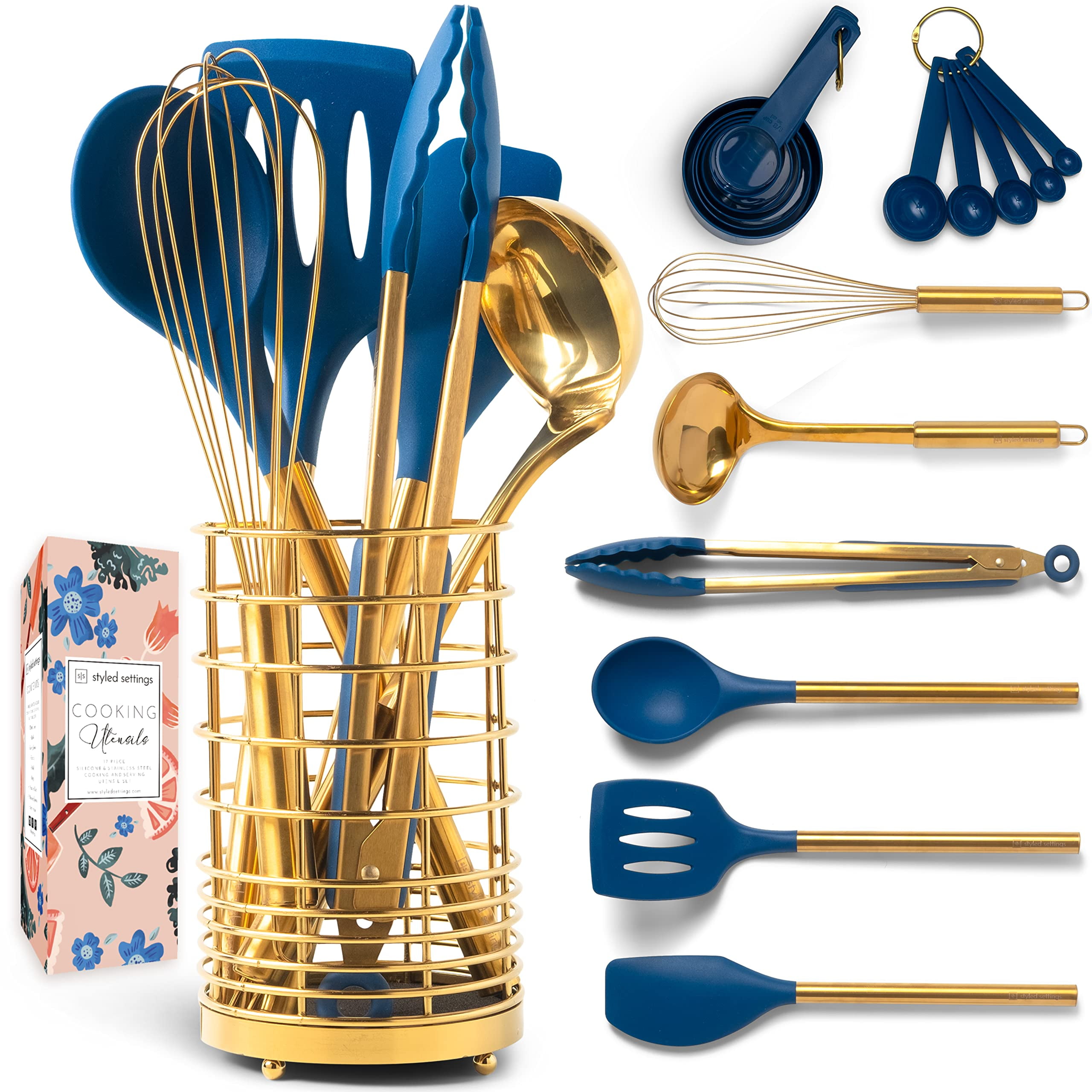 Styled Settings Gold & Navy Blue Silicone Kitchen Utensils Set with ...