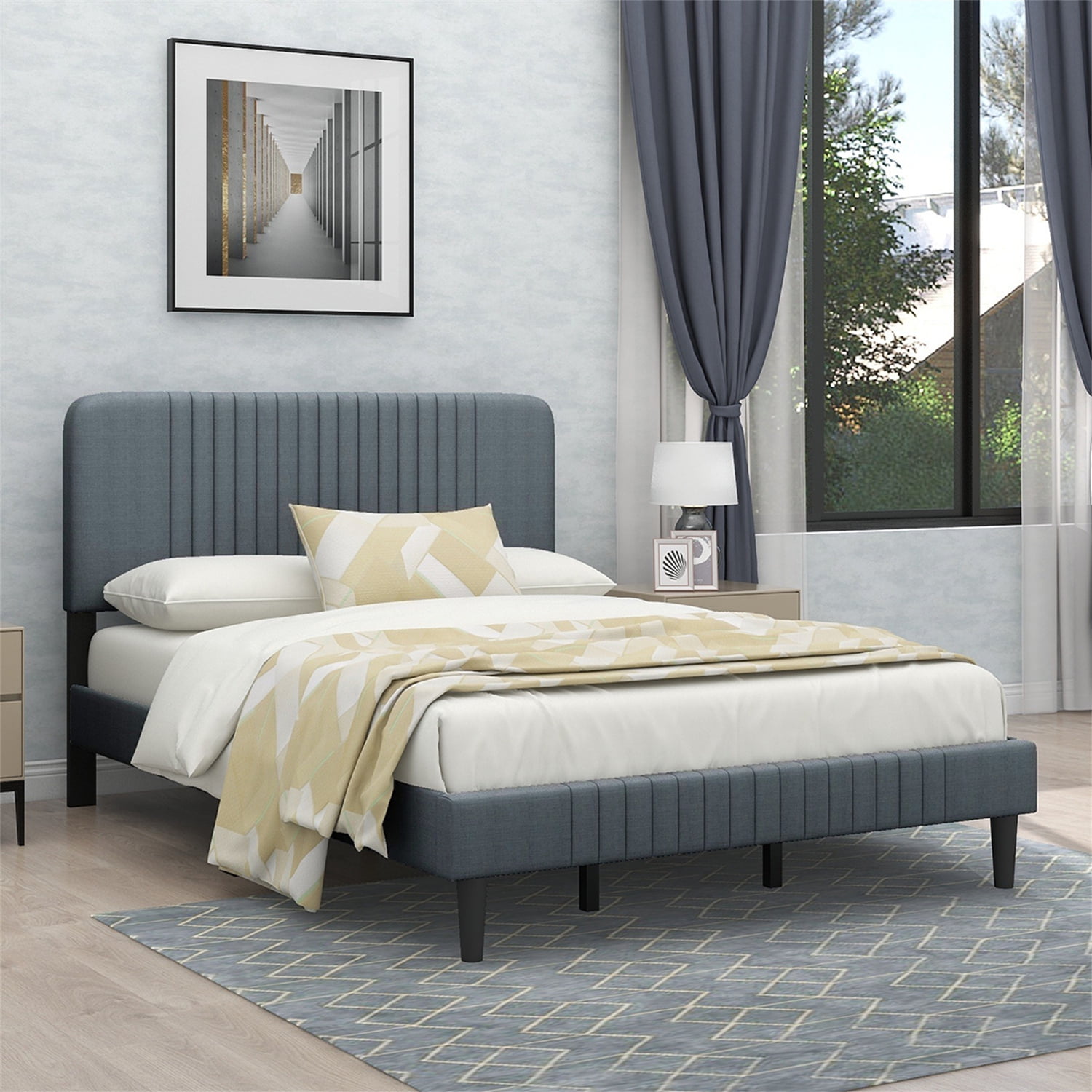Full Size Platform Bed, Modern Linen Upholstered Bed Frame with Padded ...