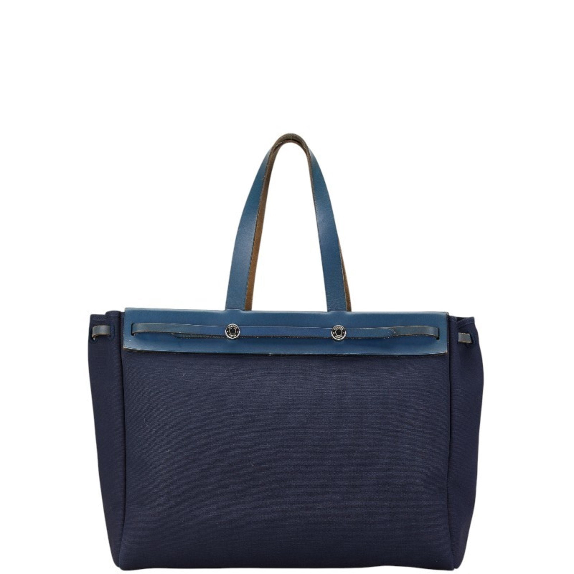 Pre-Owned Hermes Airbag Cabas GM Tote Bag Navy Toile Officier Leather ...