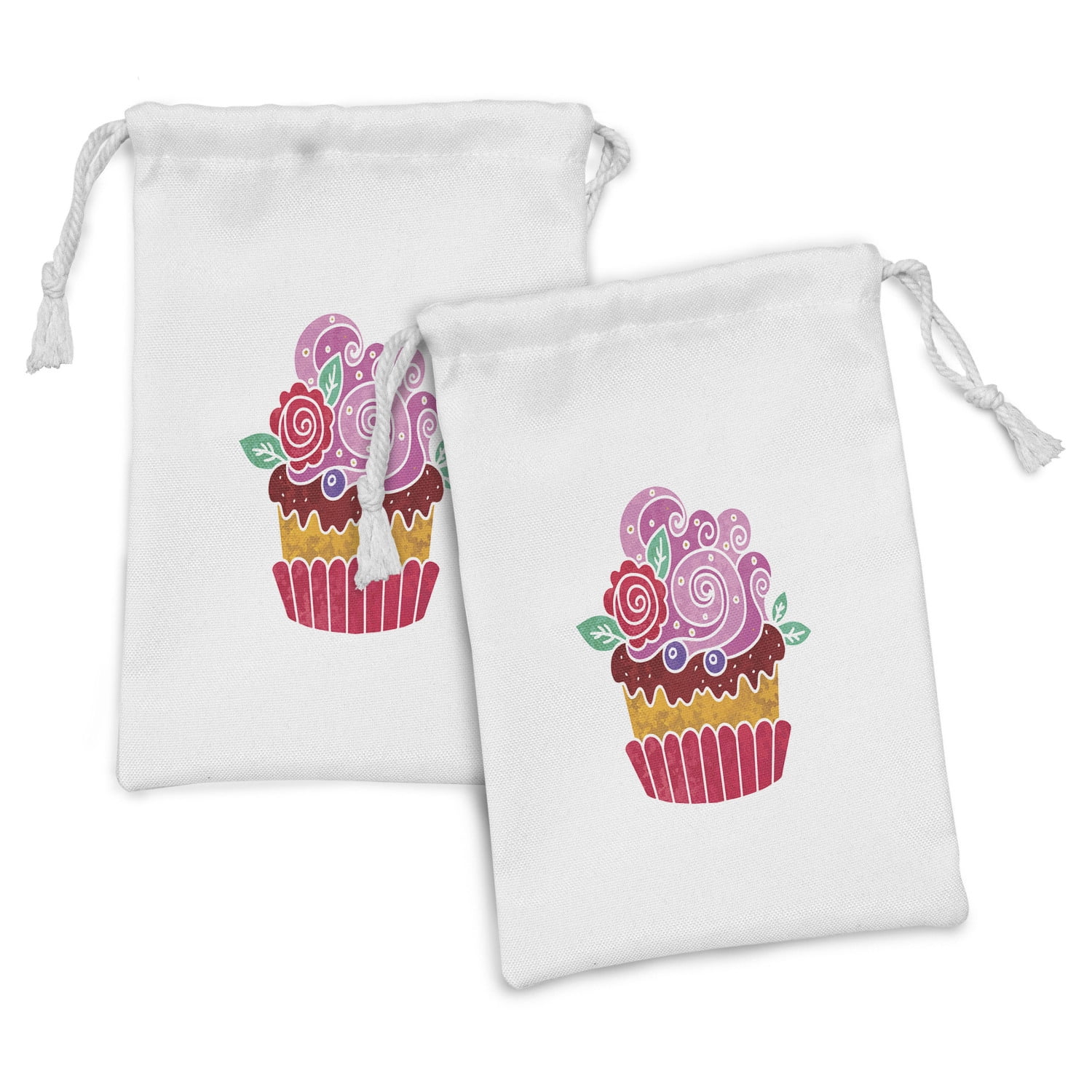 Cupcake Fabric Pouch Set of 2, Watercolor Pink Cream Topping Blueberry ...