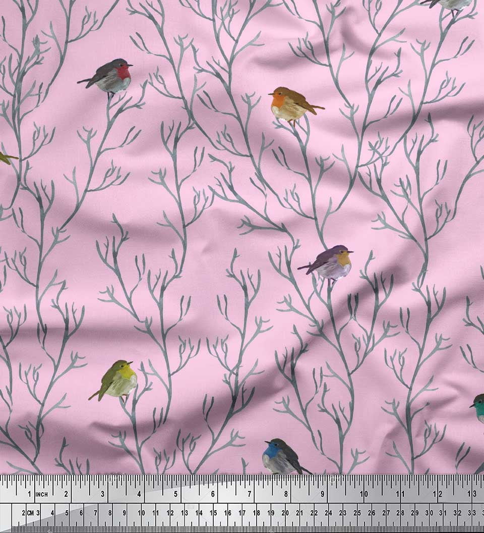 Soimoi Pink Cotton Duck Fabric Branch & Flycatcher Bird Print Fabric by ...