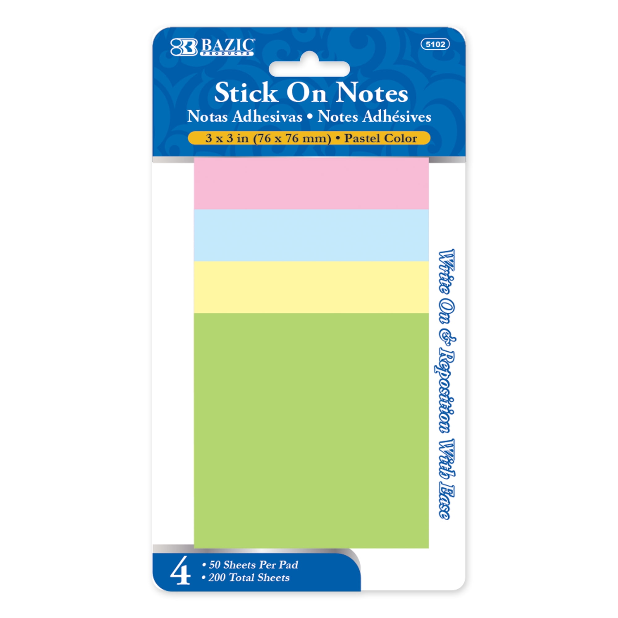 BAZIC Sticky Notes 3x3 Bright Assorted Colors, (200 Sheets/Pack), 1 ...