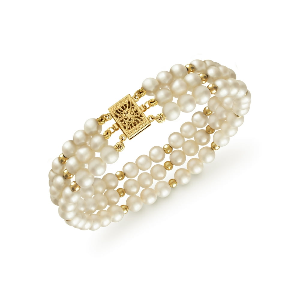 Pearlzzz 14k Yellow Gold Cultured Freshwater Pearl 3 Row 7 5 Inch