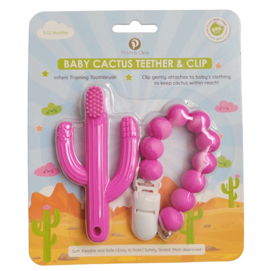 Baby Cactus Teether Toy, Infant Teething Toothbrush, With Matching Pacifier Clip, For Baby Girls ...