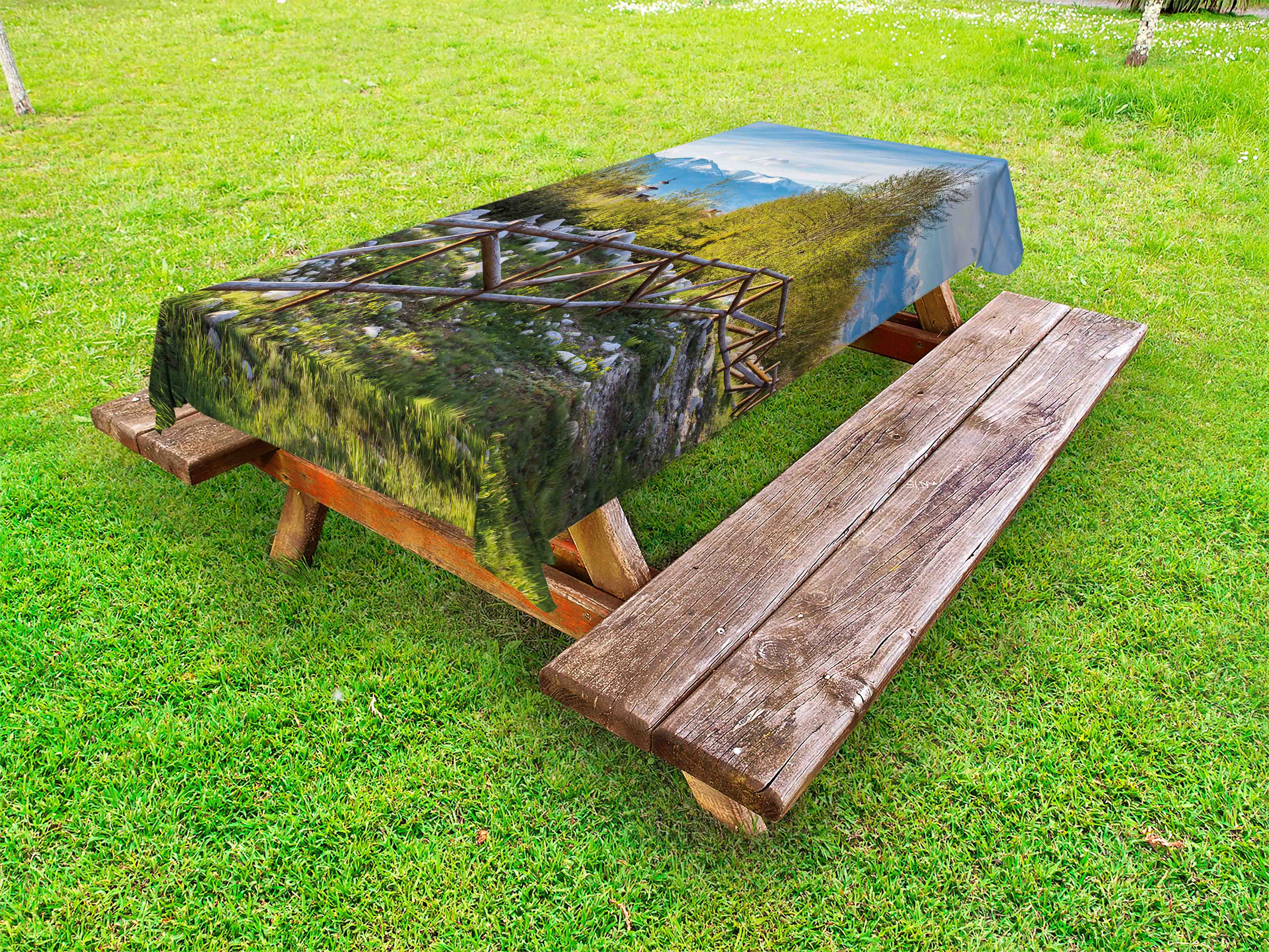 Farmland Outdoor Tablecloth, Artsy Idyllic Scene with Tree Trunk Plank ...