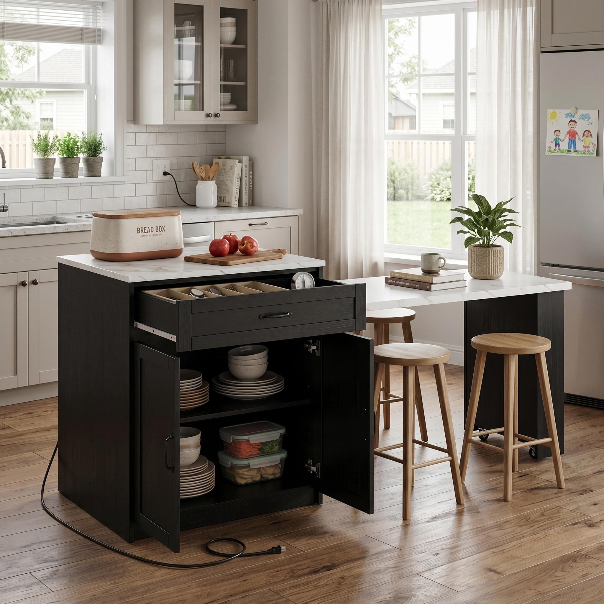Homy Casa 82.7" Kitchen Island with Extendable Table, Storage, Power ...