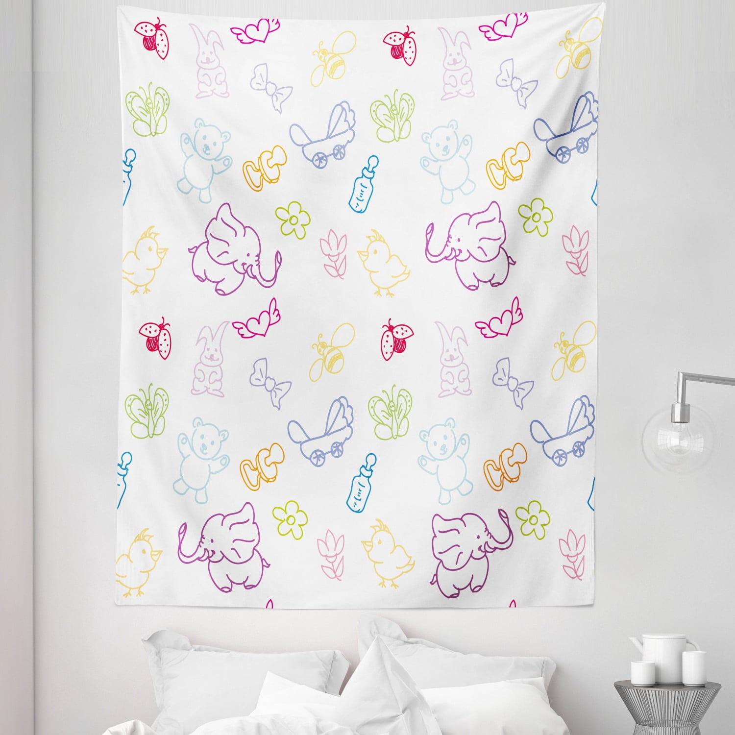 Cartoon Tapestry, Drawing Style Elephants Teddy Bears Flowers ...