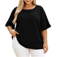 Babysbule Plus Size Crew Neck Ruffle Trim 3/4 Sleeve Casual Blouse ...