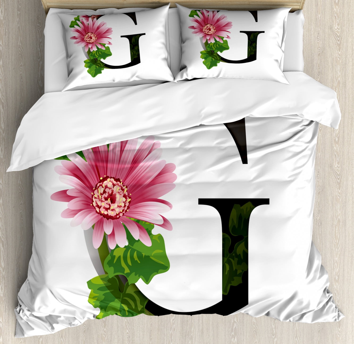 Letter G Duvet Cover Set King Size, Alphabet Letter with Blossoming ...