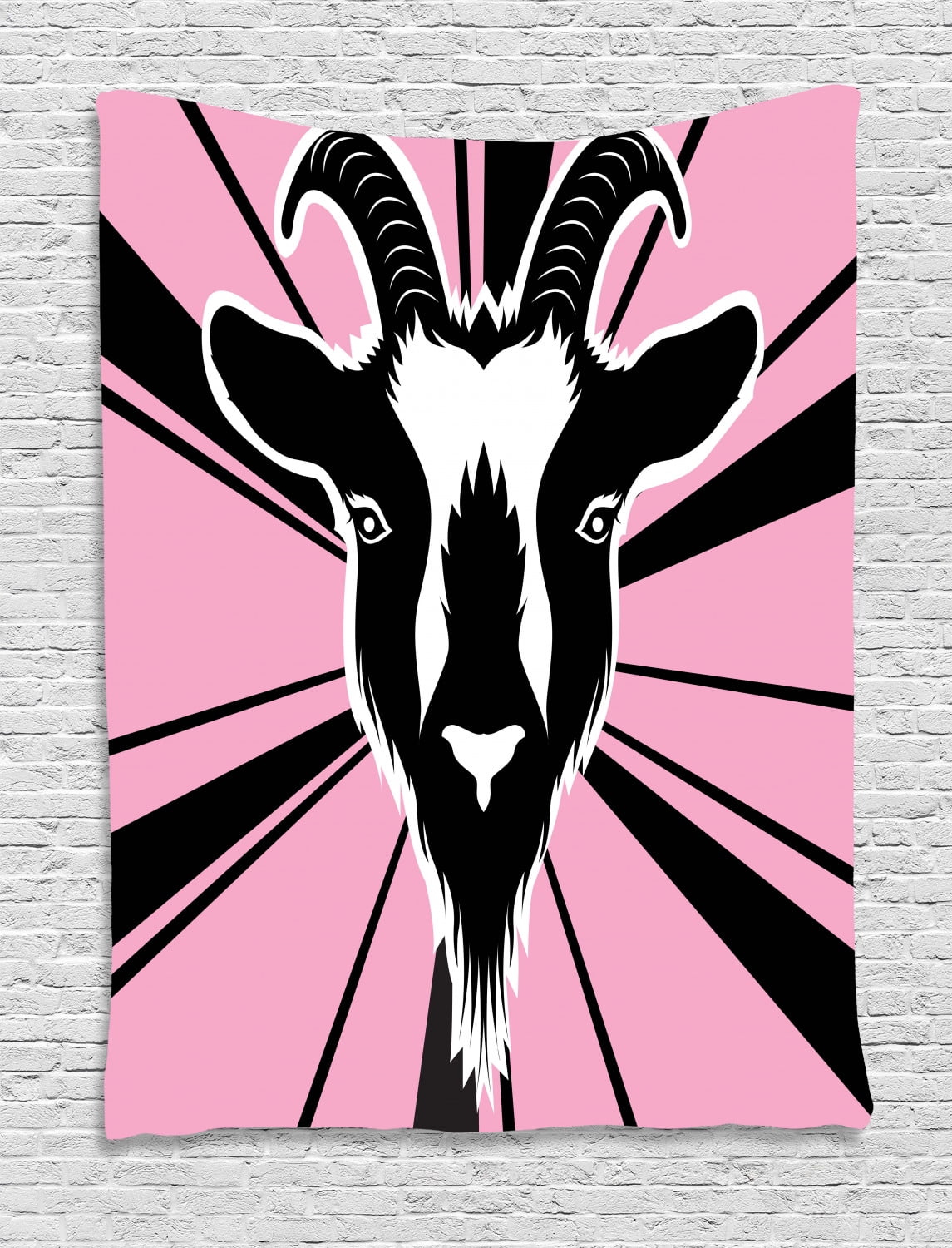 Goat Tapestry, Graphic Monochrome Goat Head Artwork on Radiating Lines ...