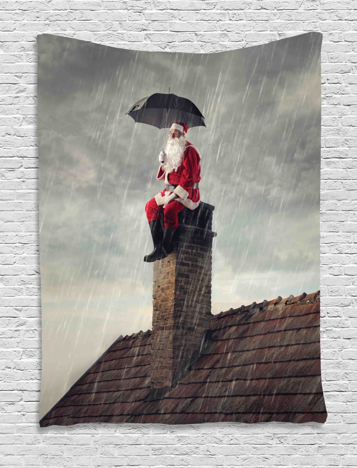 Christmas Tapestry, Photo of Santa Sits on a Chimney with Umbrella in ...