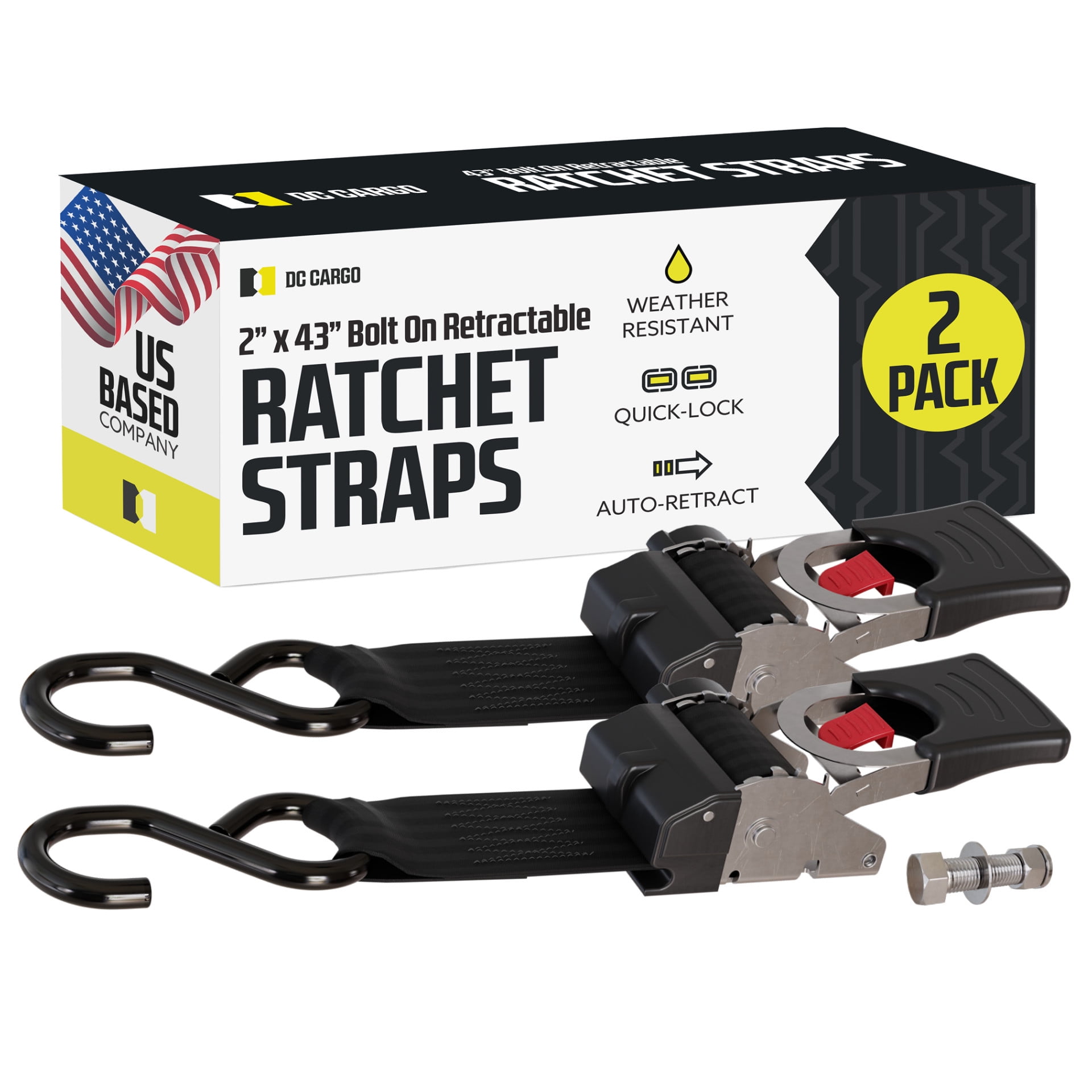 DC Cargo Retractable Ratchet Strap w/ Hook Stainless Steel 2"x43" Bolt ...