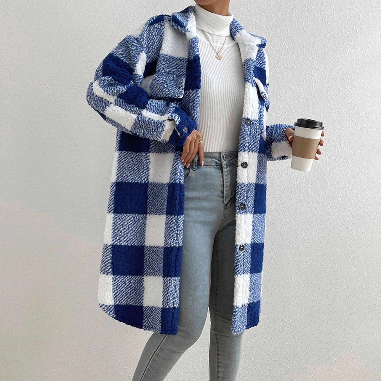 Click here for Erfcxs Womens Open Button Lapel Plush Plaid Coat L... prices