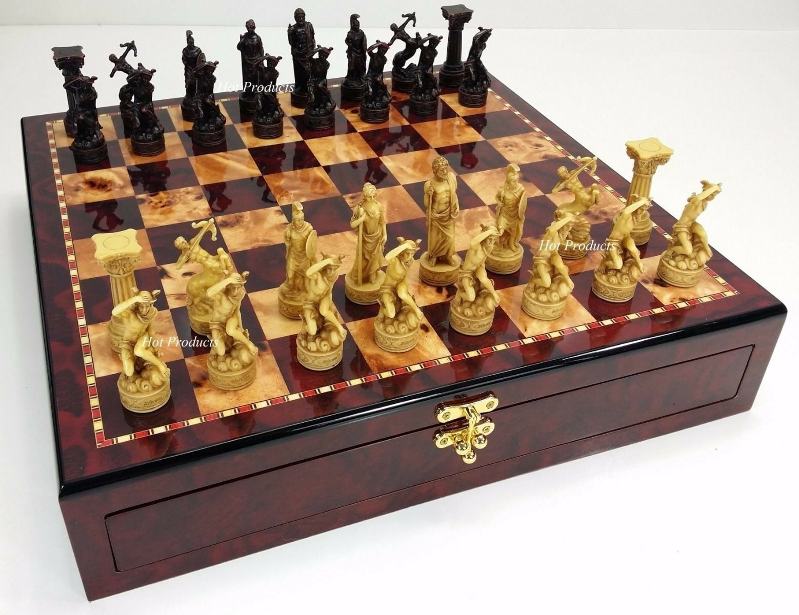 Greek Roman Mythology Gods Chess Set w/ 17" Gloss Cherry Color Storage ...