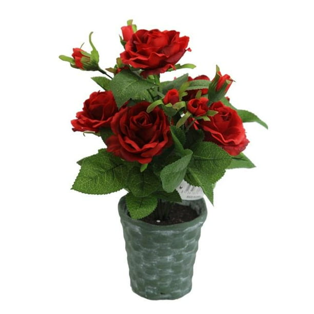 13 in. Tall Artificial Potted Rose, Plant with Geenery - Red - Walmart ...