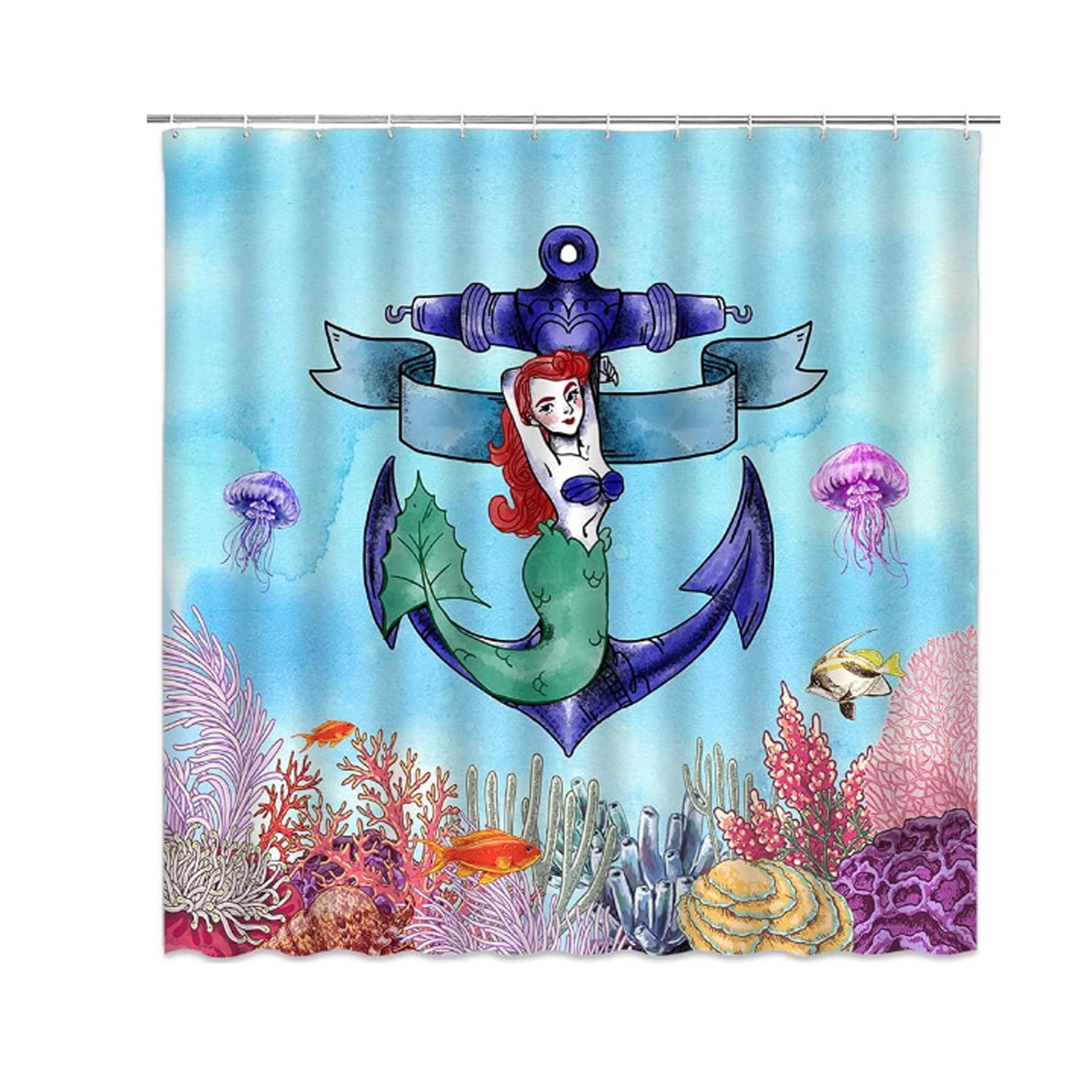 Nautical Anchor Shower Curtain Mermaid Marine Life Jellyfish Undersea ...