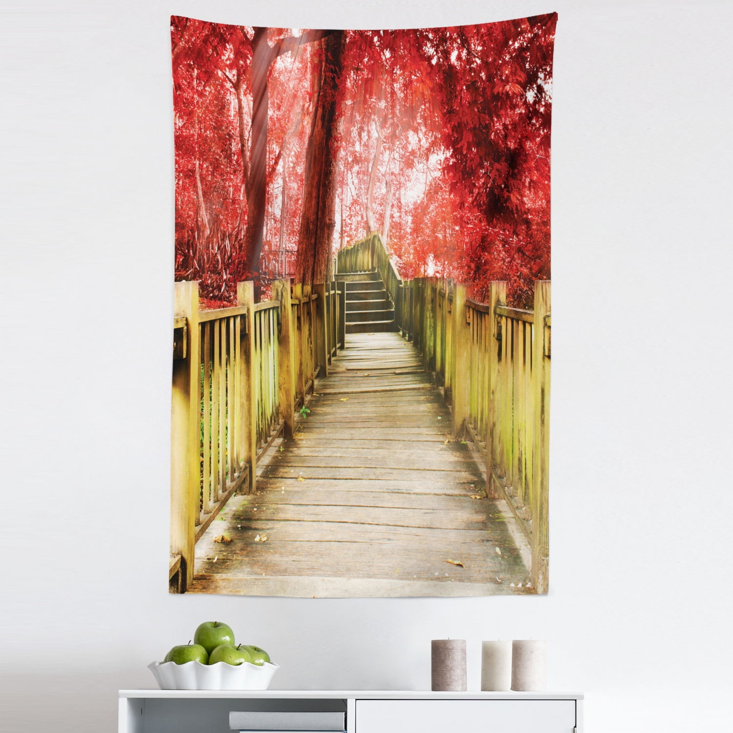 Autumn Tapestry, Abstract Vinous Tones Forest with Wooden Pier Walkway ...