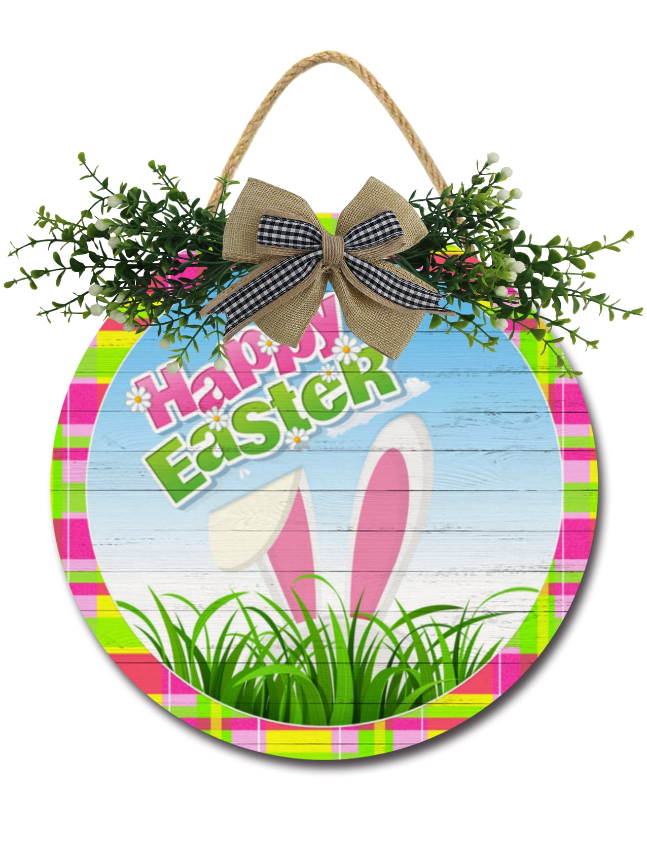 Happy Easter Door Sign Home Decor Round Wood Wreaths Wall Hanging Sign ...