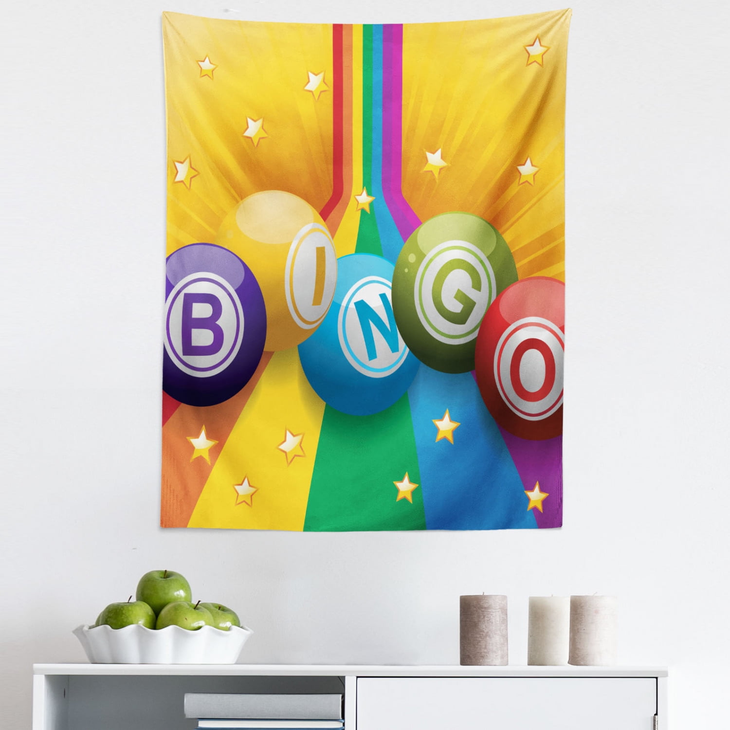 Bingo Tapestry, Colorful Bingo Balls on Rainbow over Yellow Bursting ...
