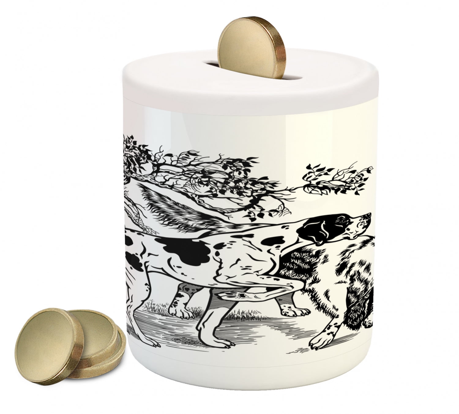 Hunting Piggy Bank, Hunting Dogs in the Forest Monochrome Drawing ...