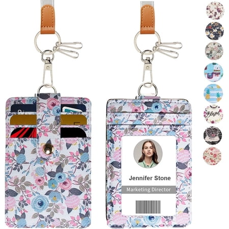 Badge Holder Premium PU Leather Floral ID Badge Card Holder Wallet Case ...